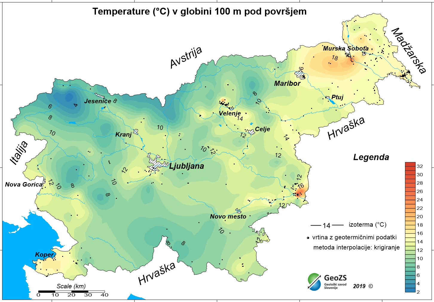 Geothermal map - Expected temperatures at a depth of 100 m